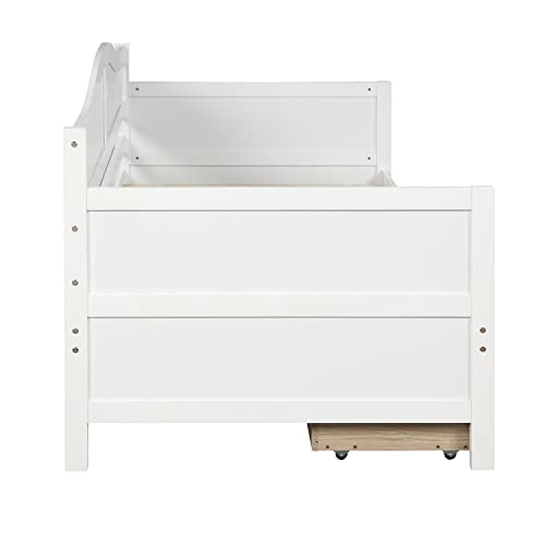 Sturdy Wood Twin Size Bed Frame Twin Wooden Daybed with 2 Drawers,?Sofa Bed for Bedroom Living Room,No Box Spring Needed,White