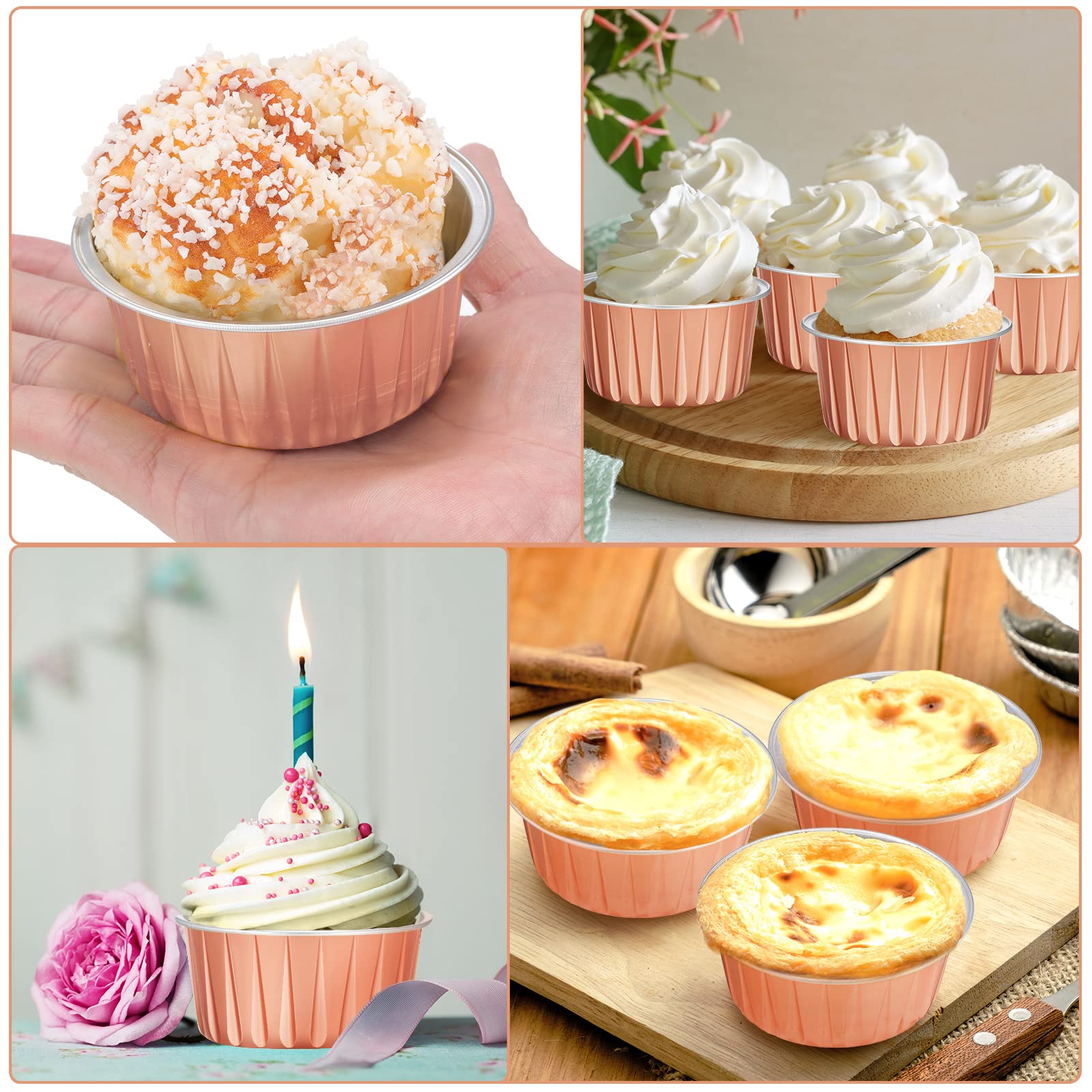 Gejoy 200 Pack Aluminum Foil Cupcake Baking Cups 5oz Rose Gold Cupcake Liners Dessert Cups with Lids Disposable Cupcake Cups Mini Cake Containers Flan Molds Tin Mini Muffin Liners for Wedding Birthday
