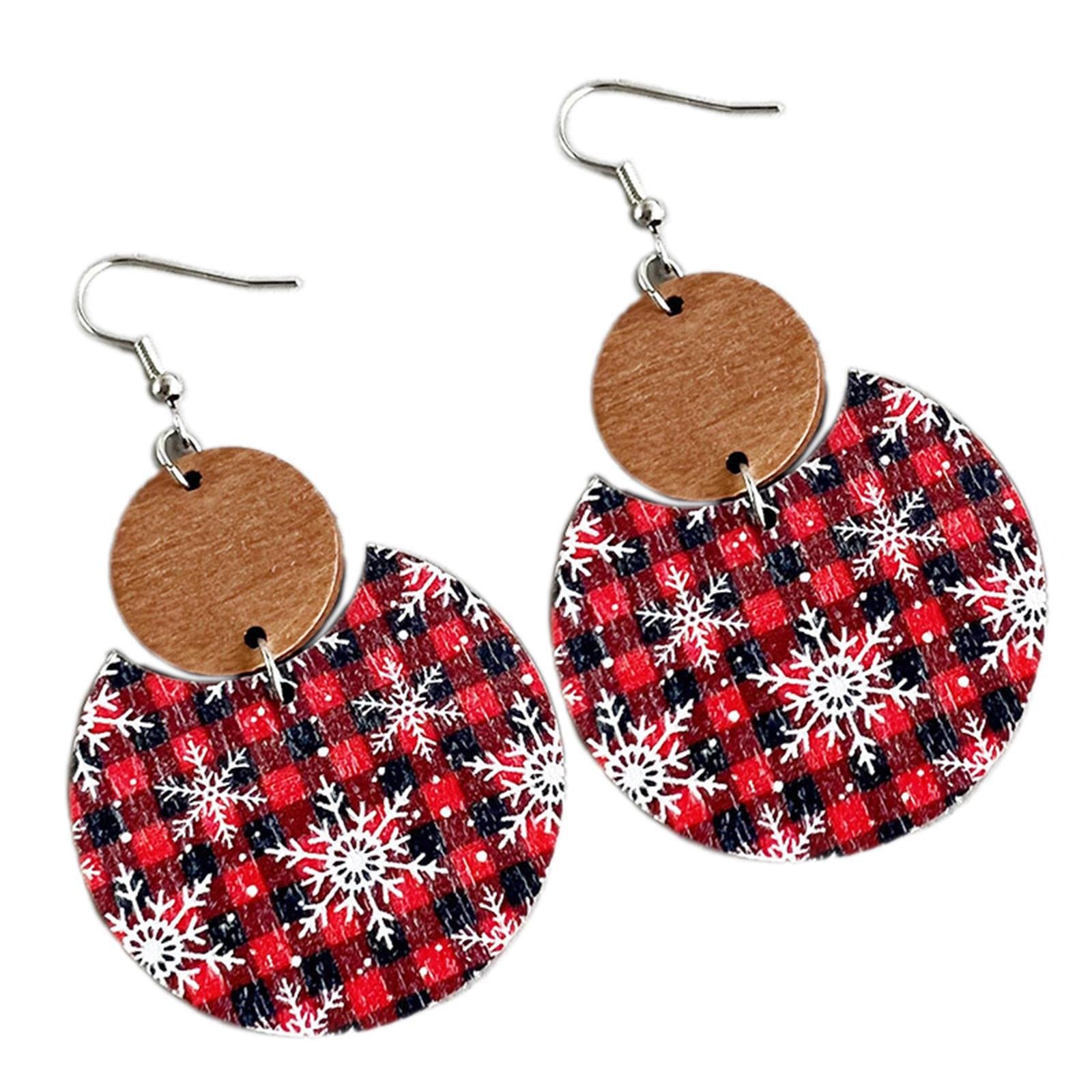 Colorful Christmas Plaid Round Wooden Dangle Earrings Dainty Christmas Plaid Snowflake Deer Tree Flower Print Earrings for Women Jewelry(A)