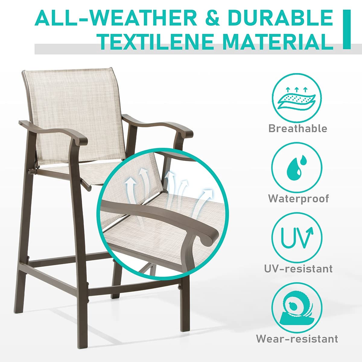 VredHom Outdoor Bar Stools & Chairs Set of 2, 2 PCS Counter Height Bar Stools, Patio Bar Chairs Brown Aluminum Frame & Beige Textilene