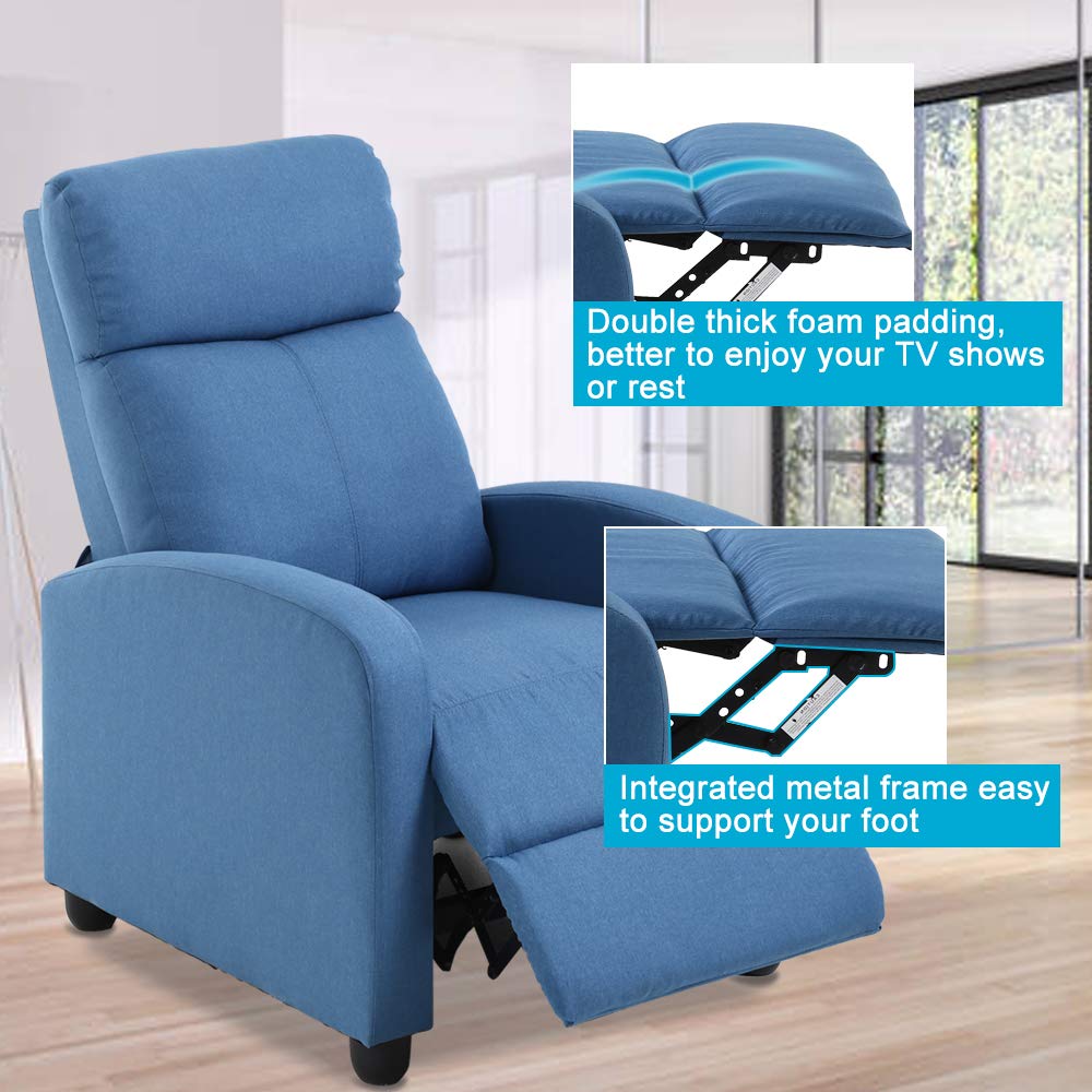 Dkeli Recliner Chair for Living Room Padded Wide Seat Sofa Fabric Massage Reclining Chair with Footrest & Backrest, Wingback Heavy Duty Modern Single Sofa Home Theater Seating Easy Lounge, Blue