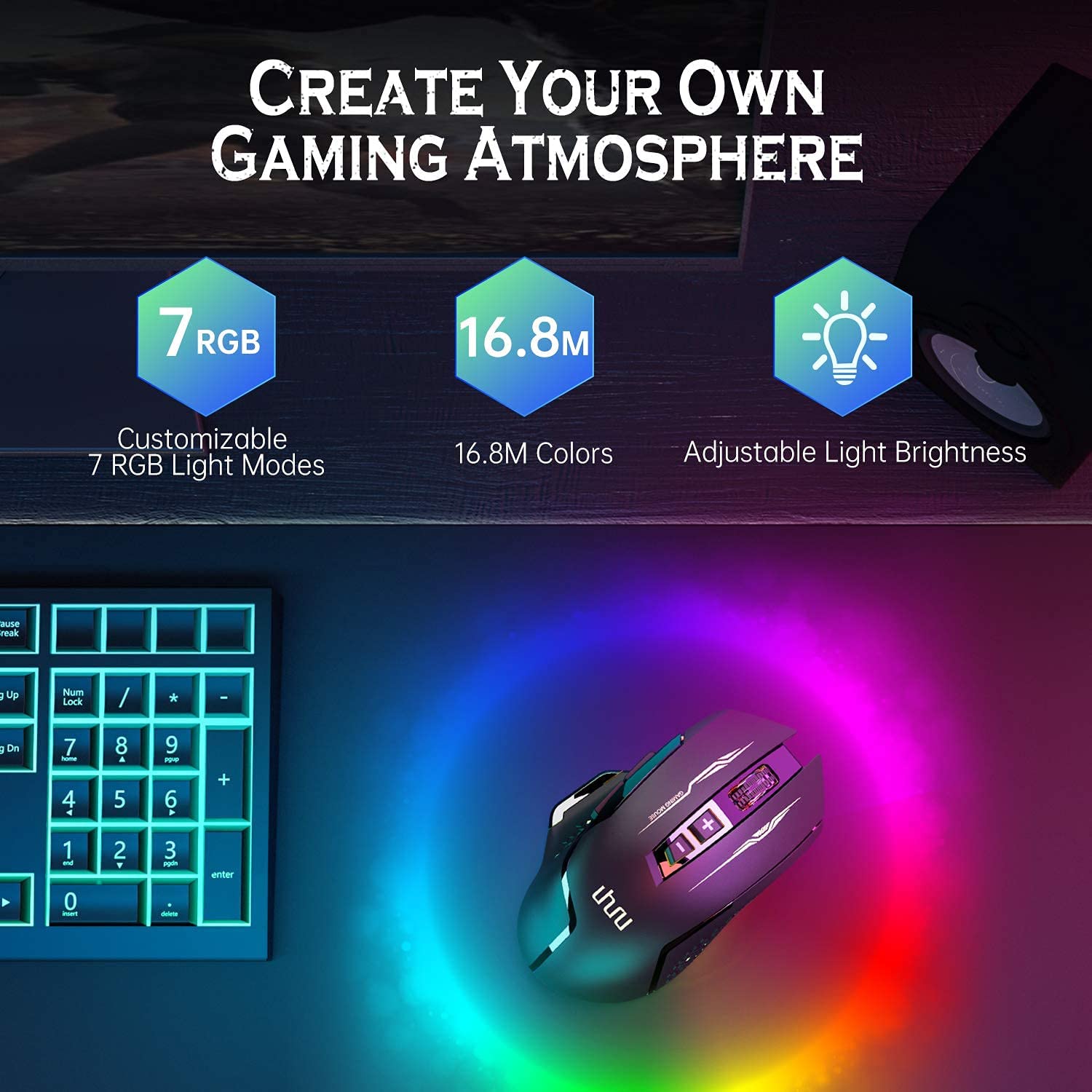 UHURU Wireless Gaming Mouse, Wired and Wireless Dual Modes Rechargeable RGB Gaming Mouse with 7 Programmable Buttons, Ergonomic and 5 Adjustable DPI Levels up to 10000 DPI for PC Laptop Gamer (WM-07)
