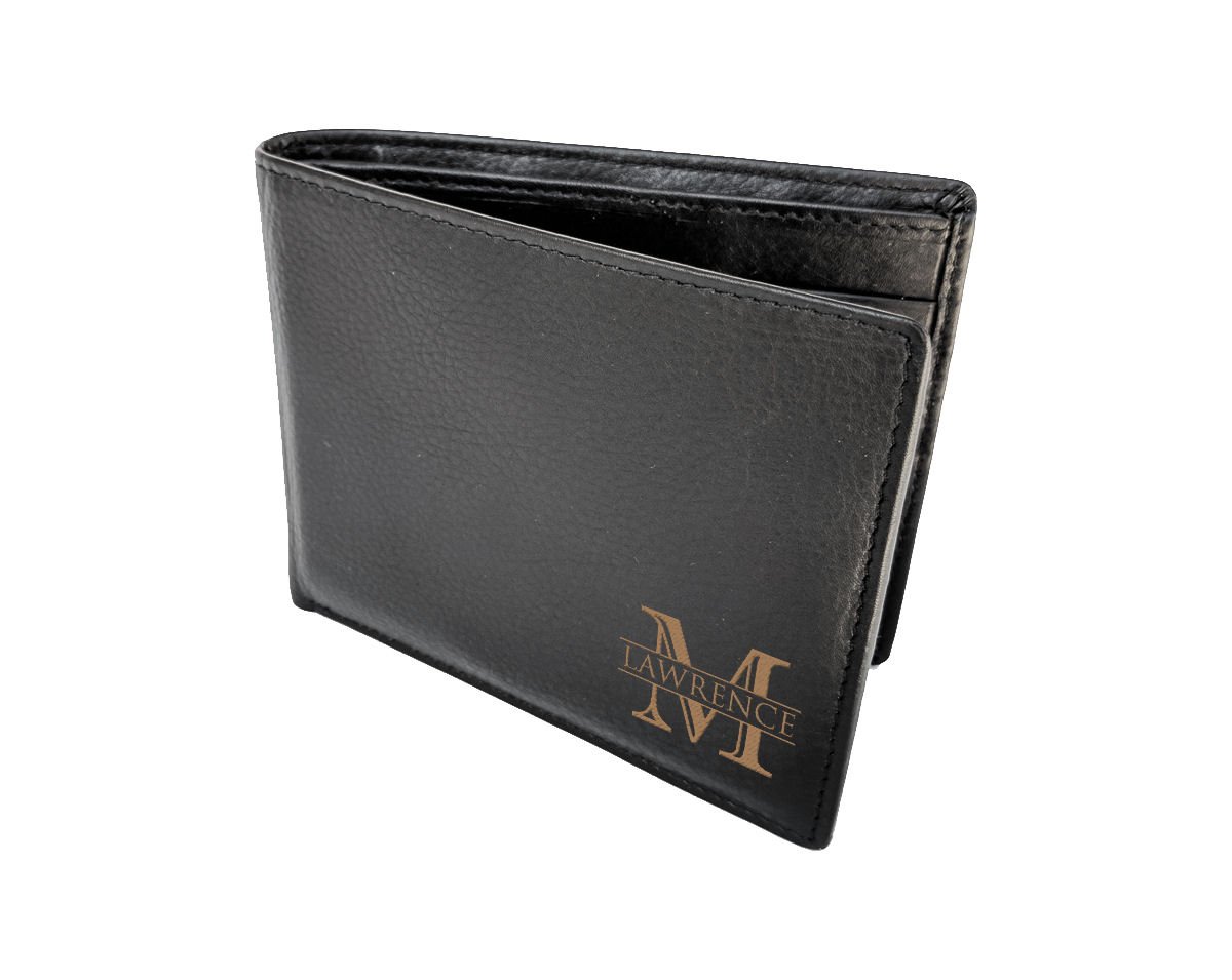 Corner Monogram Initial Engraved Personalized One Black Wallet Personalized Men's Bifold Leather RFID Blocking Wallet for Groomsman Best Man Wedding Party Gift