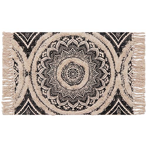 Seavish Tufted Cotton Rug, 2X3 Black Mandala Boho Rug, Hand Woven Bohemian Throw Rugs, Shag Accent Fringe Tassel Rug for Bedroom Bedside Kitchen, Laundry Room Rug