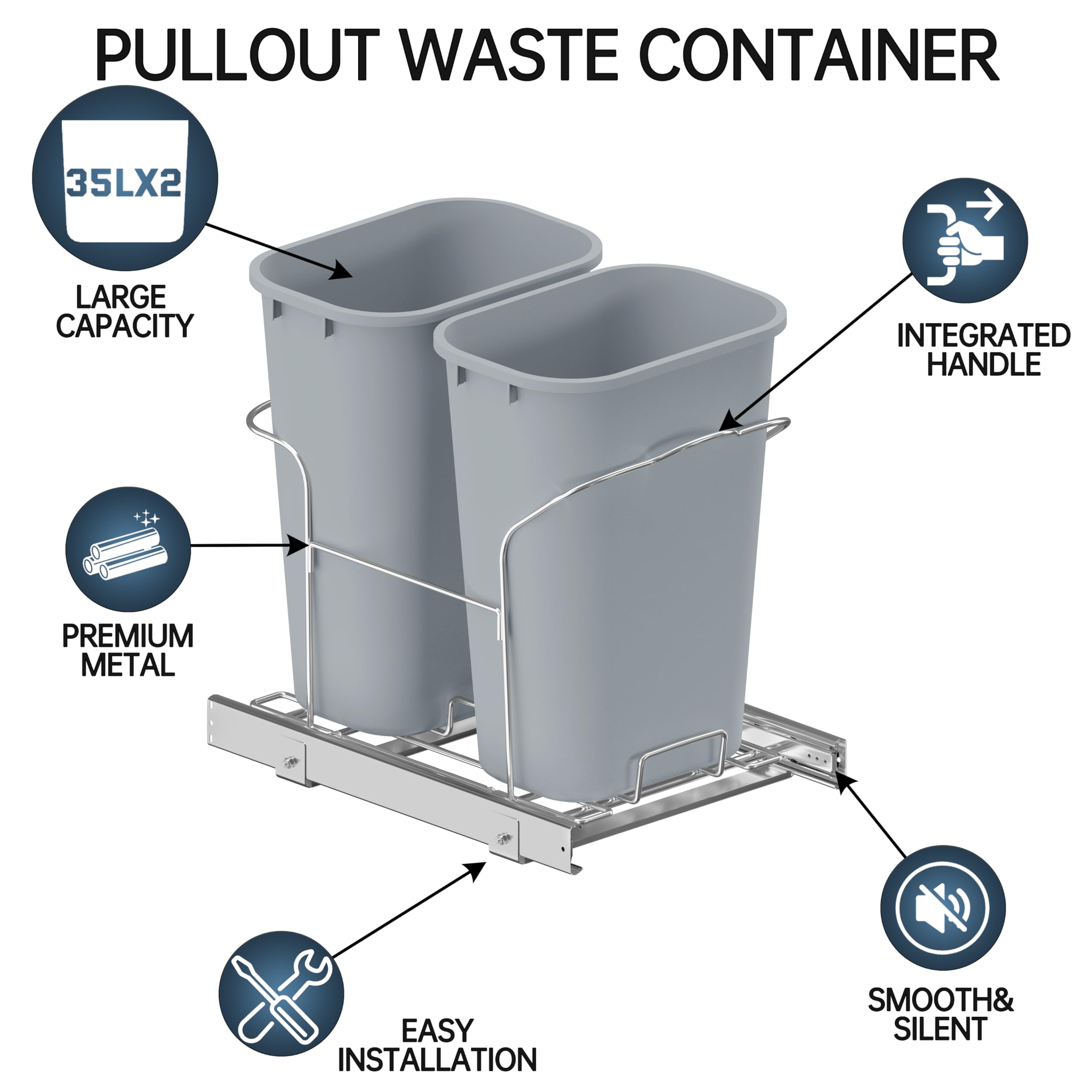 JOWBOOW Double Trash Can Cabinet Pull Out, 2 x 35L (18.5 Gallon) Soft Close Pull Out Trash Can Under Counter Garbage Can Slide Out for Under Cabinet, Grey