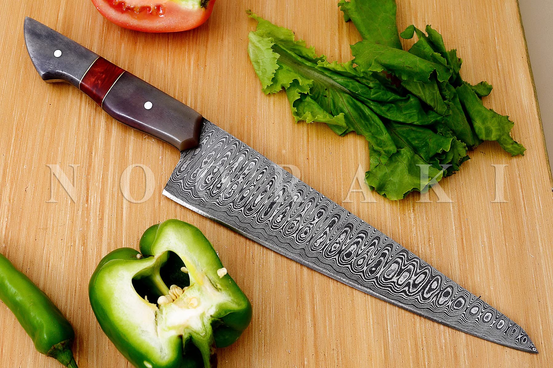 Nooraki KCK335 Hand Forged Damascus Steel Chef Knife Ladder Pattern and Cowhide Sheath, Multipurpose Kitchen Knives with Full Tang Coloured Bone and red resin sheath Handle 12" Length