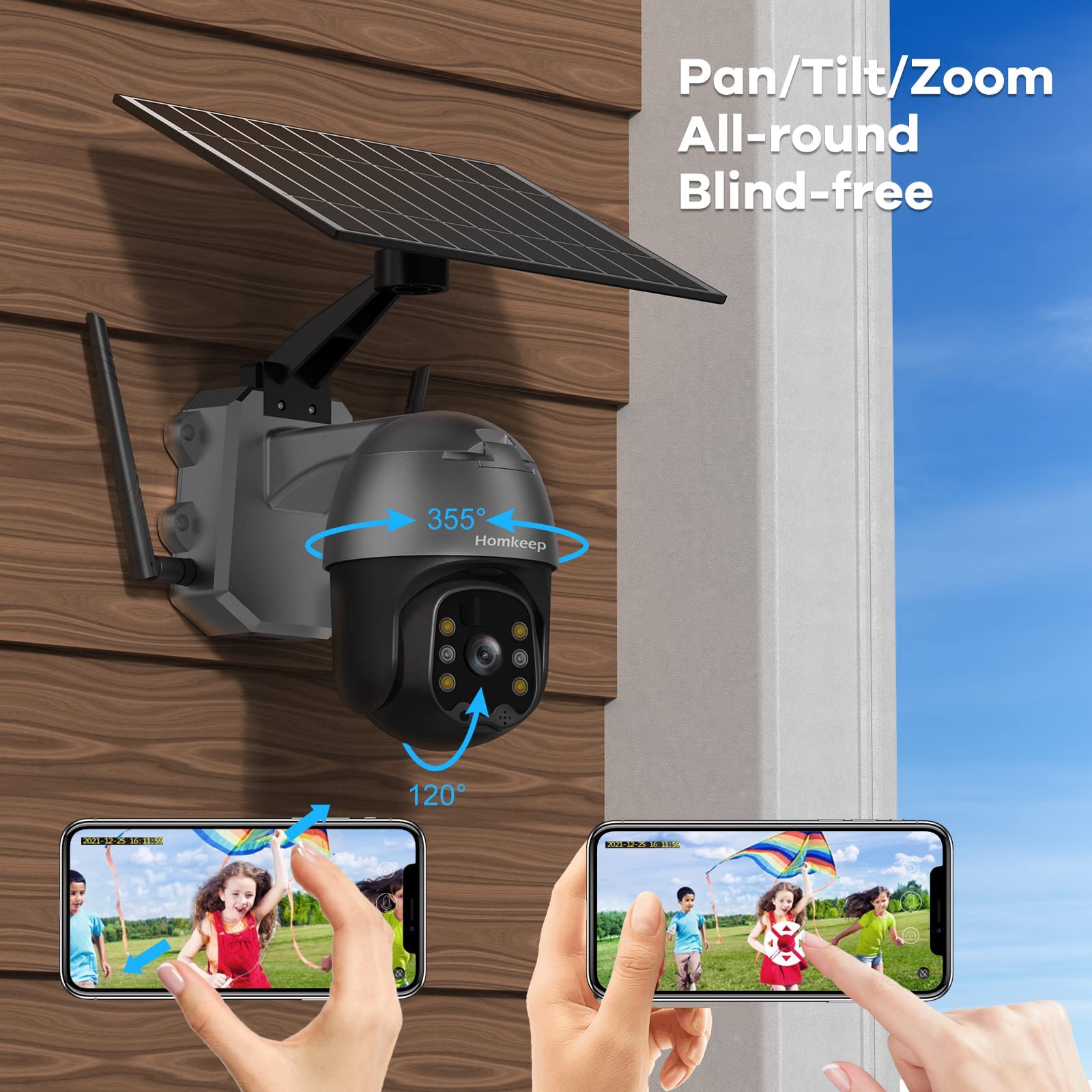 Security Camera Wireless Outdoor/Home, Solar 360° PTZ Surveillance System with 24000mAh Battery, Color Night Vision, WiFi, PIR Motion Detection, APP Alert Push, Spotlight and Siren, Two-Way Talk, IP66