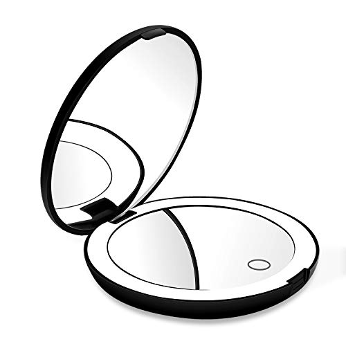 deweisn Folding Compact Rechargeable Lighted Makeup Mirror for Travel, Purse and Handbags1X and 10X Magnifying Handheld Makeup Mirror Diameter 5”x Thick 0.33" Double Side Mirror