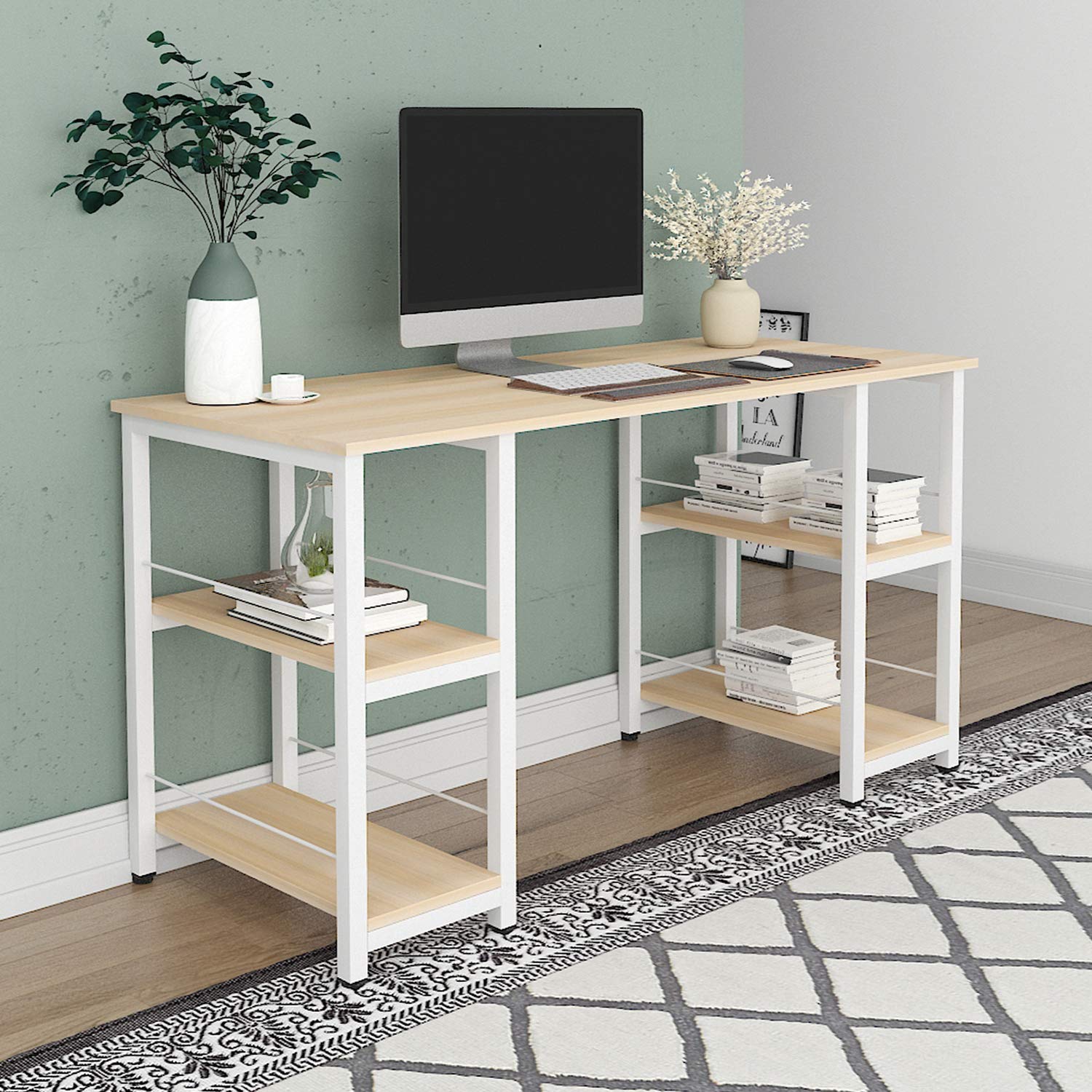 DlandHome 55 inches Computer Desk, Home Office Trestle Desk, Large Workstation Desk with Shelves,Writing Table, DZ012, Maple