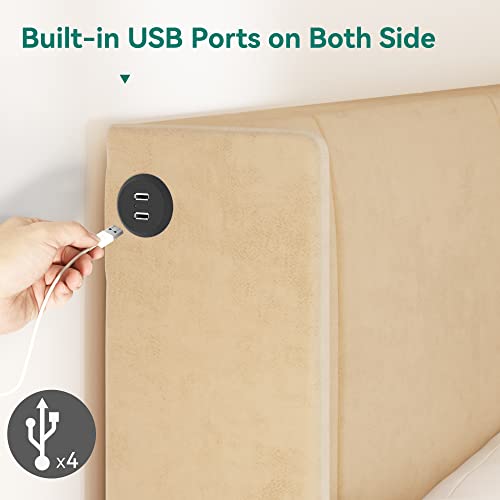 YITAHOME Queen Size Bed Frame, Platform Bed Frame with Storage Drawers, Upholstered Bed Frame with Headboard Built-in 2 USB Charging Stations and Strong Wood Slats Support, No Box Spring Needed, Beige