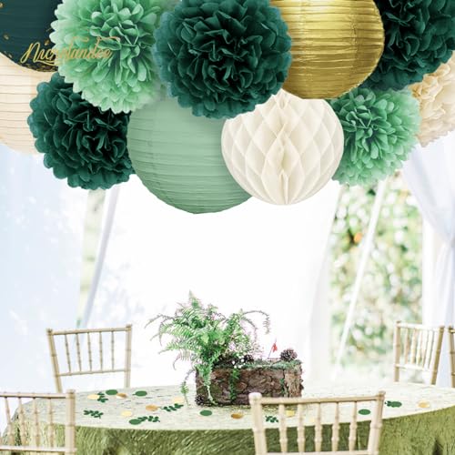 NICROLANDEE Wedding Party Decorations - 12PCS Emerald Green Hanging Tissue Pom Poms Gold Foil Dots Paper Lantern Confetti 30G for Rustic Style Bridal Shower Birthday Botanical Baby Shower Decorations