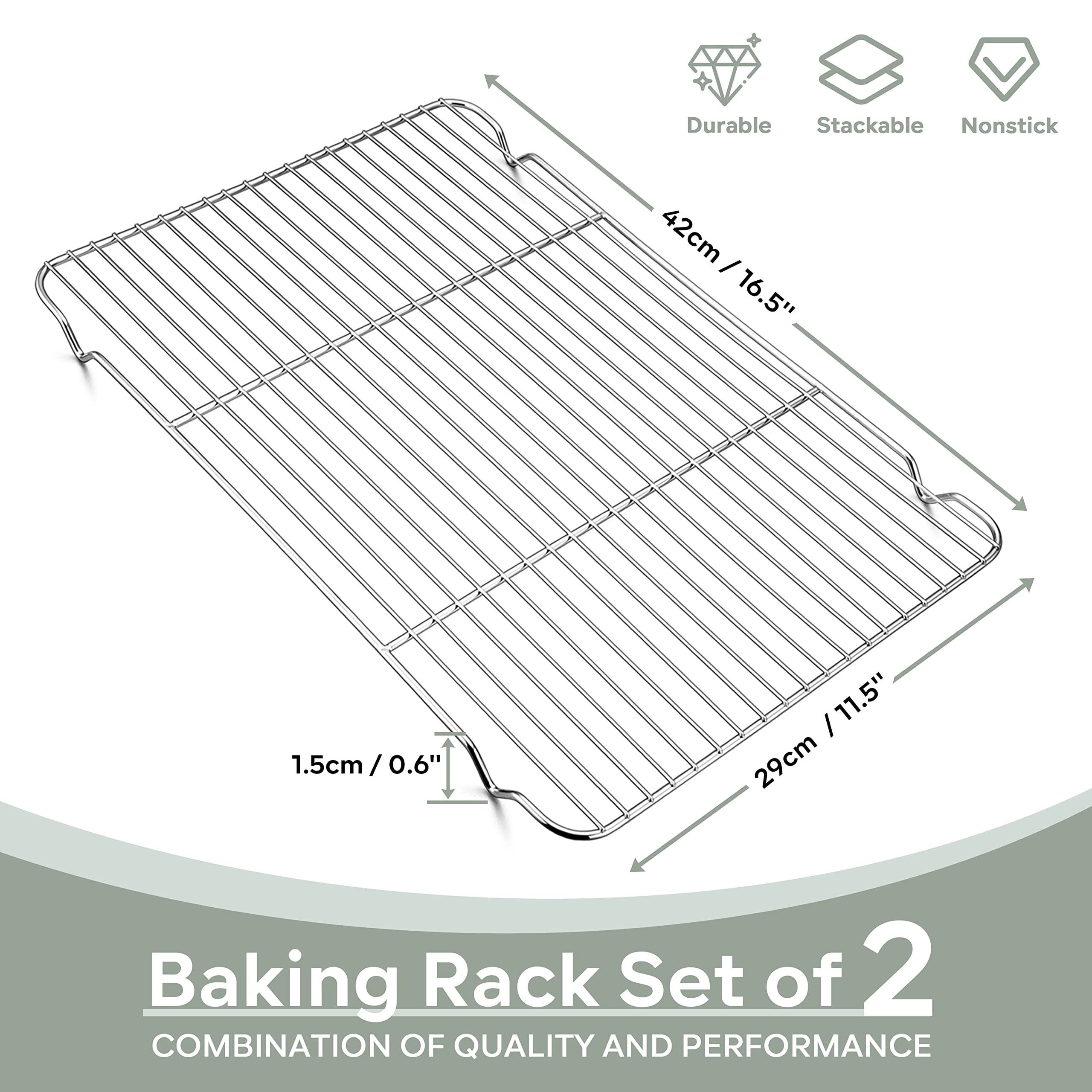Herogo Cooling Rack Set of 2, Stainless Steel Large Baking Oven Rack, 16.5" x 11.5" Fit Half Sheet Pan, Bacon Cake Cookies Rack for Cooling Grilling Roasting, Rust Resistance