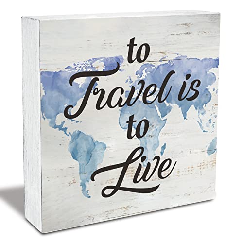 Motivational Travel Quote to Travel is to Live Wood Box Sign Rusitc Wooden Box Sign Farmhouse Home Office Desk Shelf Decor (5 X 5 Inch)