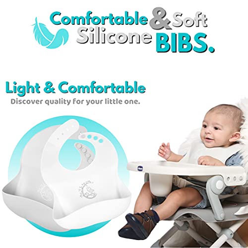 Silicone Baby Bibs (2 Pack), Soft Comfortable Adjustable Waterproof Bib, Unisex Easily Clean Bibs With Food Catcher For Babies And Toddlers. Modern Gender Neutral Colors: Grey & White.