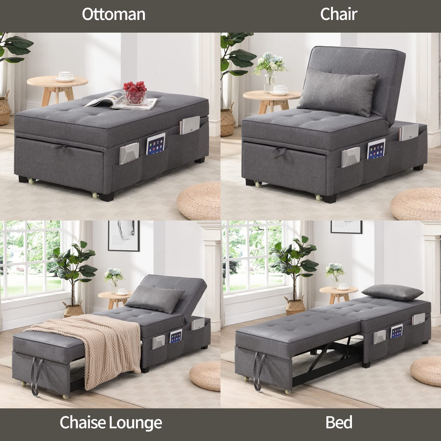 Cynefin Futon Chair with Lumbar Pillow and 3 Side Pockets, Convertible Chair Sleeper Bed, sofa chair, 4 in 1 Ottoman Bed Tufted Fabric Gray (blue, M)