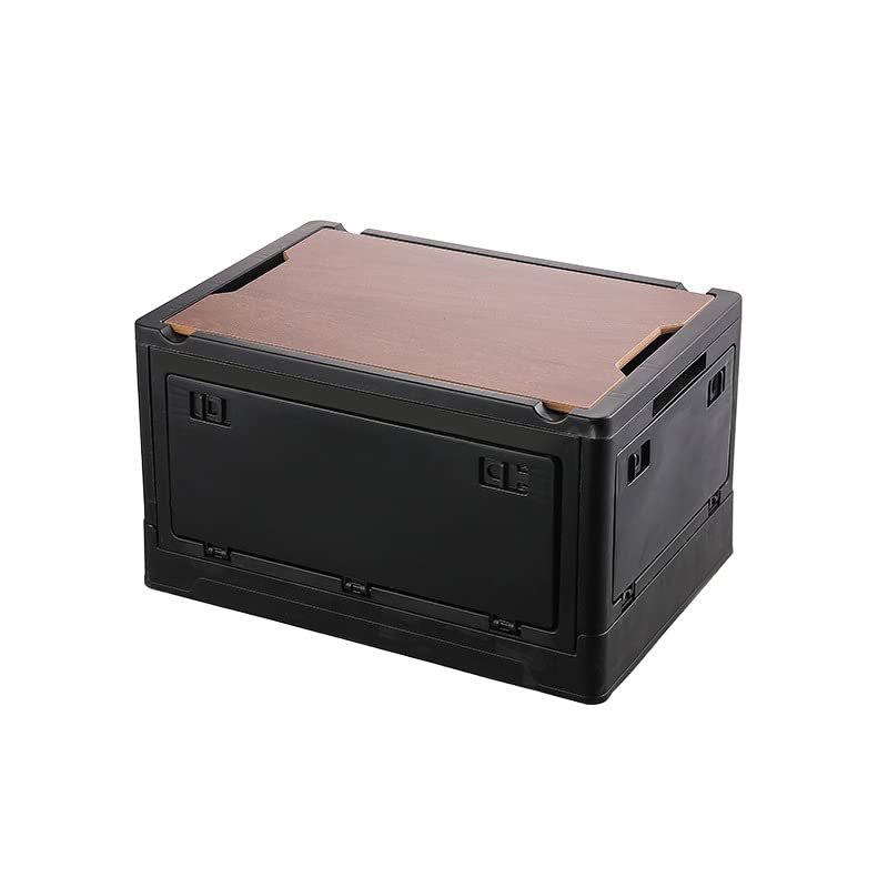 Coniuty 55L Folding Plastic Utility Crates, Collapsible Storage Bin with Wooden Lid, Foldable & Stackable Container Box for Car Storage, Camping, Picnic and Home Sorting (Large, Black)