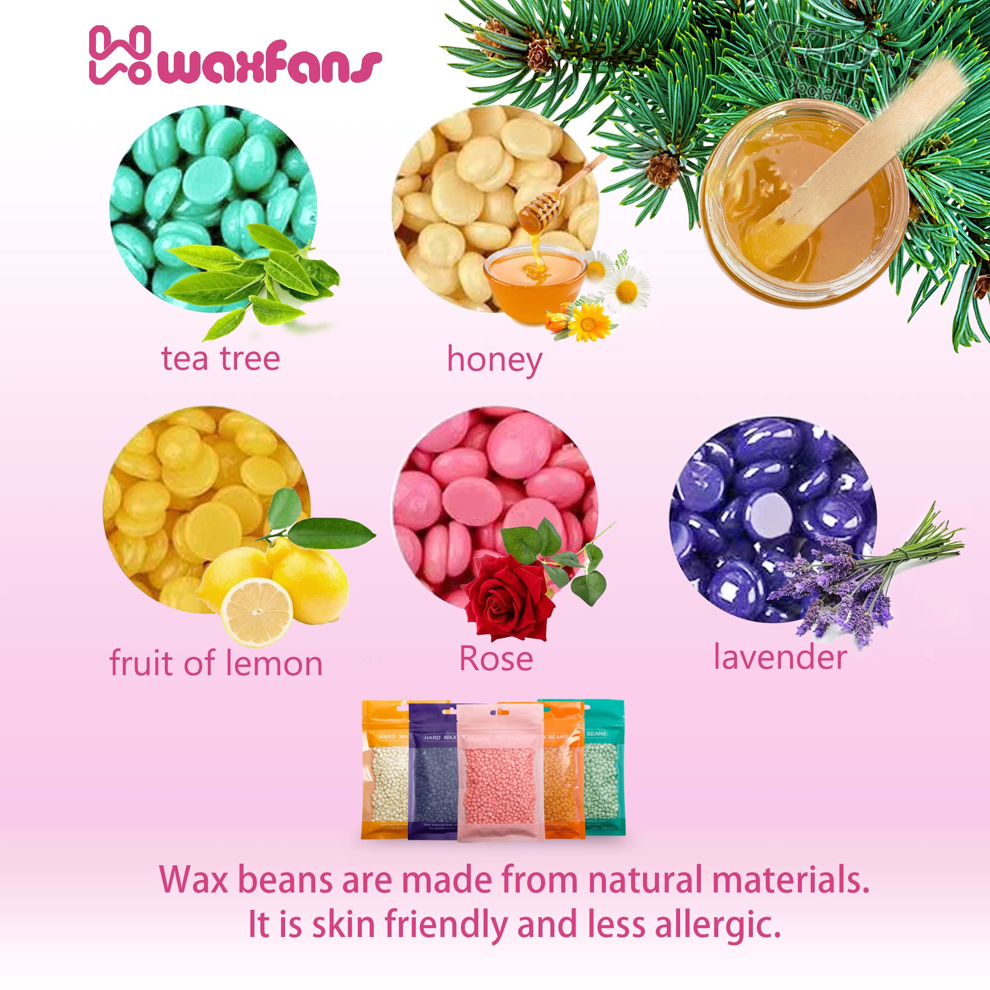 Hard Wax Beans 1.1lbs with 5 Packs,Waxfans Wax Beads for Hair Removal,Waxing Beans for Women and Men,at Home Waxing for Full Body,Include 10 Waxing Applicators and 5 Nose Waxing Sticks