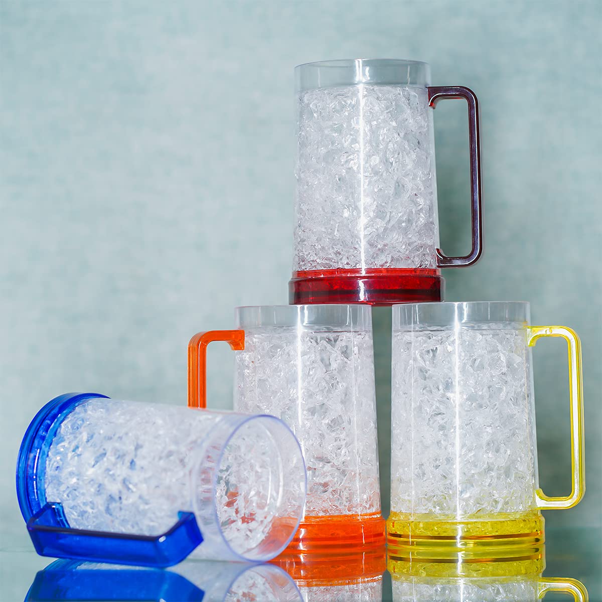 Drinking Glasses Cups, Double Wall Gel Freezer Beer Mugs, Freezer Ice Mugs Cups, 16oz, Plastic Cooling Beer Mug Clear Set of 4 (Red, Green, Blue, Orange)