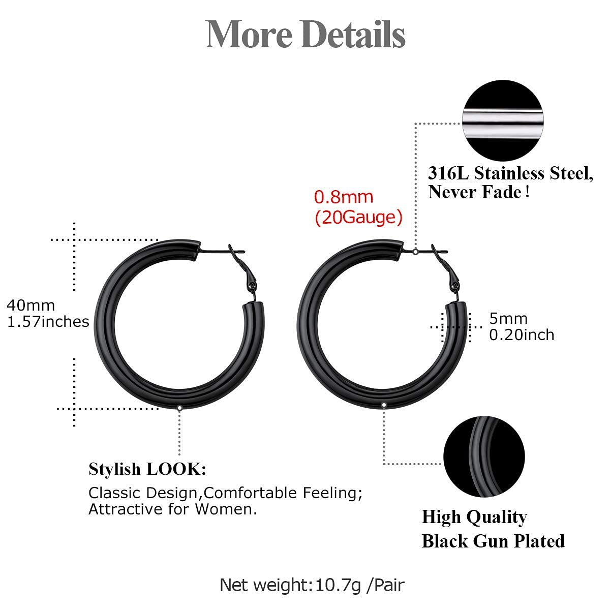 FOCALOOK Hoop Earrings Black Stainless Steel 40mm Chunky Round Cirlcle Endless Hoops for Women