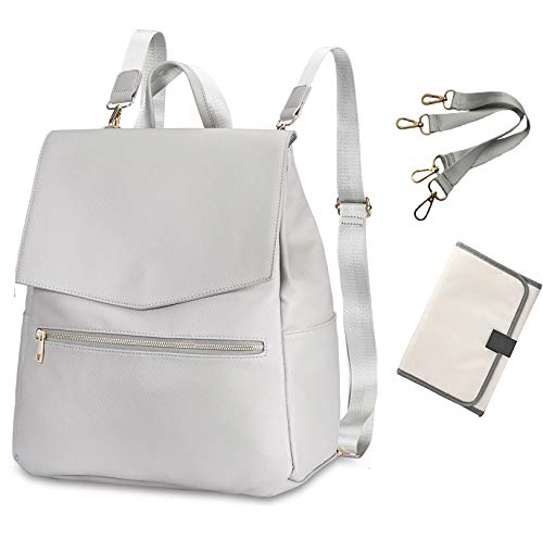 Diaper Bag Backpack, Maternity Baby Changing Bags, PU Leather Nappy Backpack Baby Diaper Bag Large Capacity and Waterproof (Grey) …