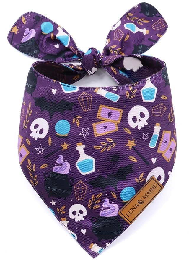 LunaMarie - Luxury Pet Birthday Bandanas -Premium & Silky Poly Fabric | 100% Handmade | Custom Shape Dual Layered (Bewitched, Large)