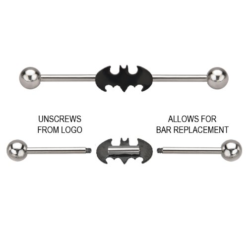 DC Comics Unisex Batman Stainless Steel Industrial Barbell. Official Licensed Jewelry. Black/Silver, One Size (BATMBCT02K)