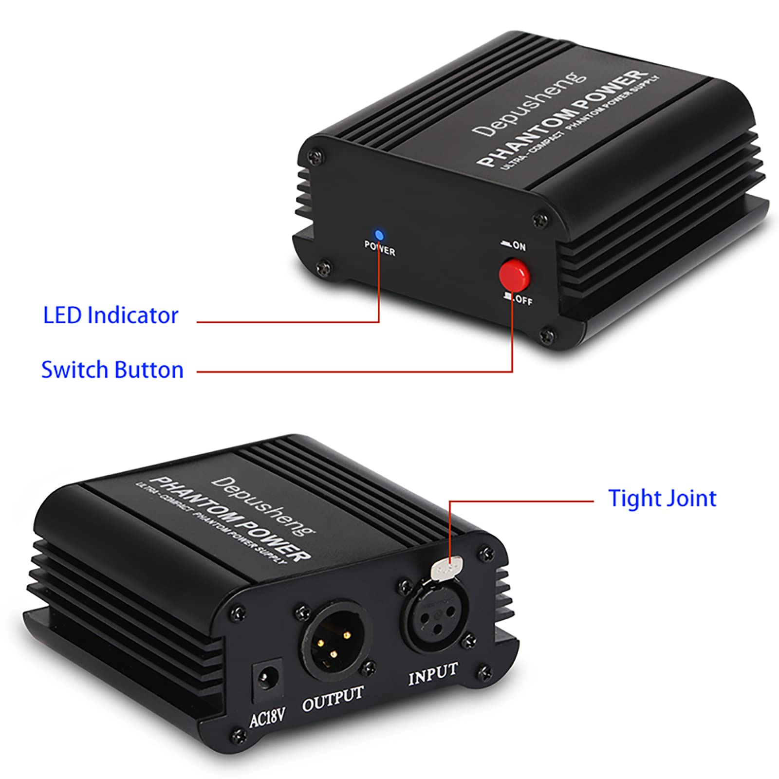 Depusheng USB 1- Channel 48V Phantom Power Supply w/Adapter XLR Audio Cable for Condenser Micro Microphone Music Equipment