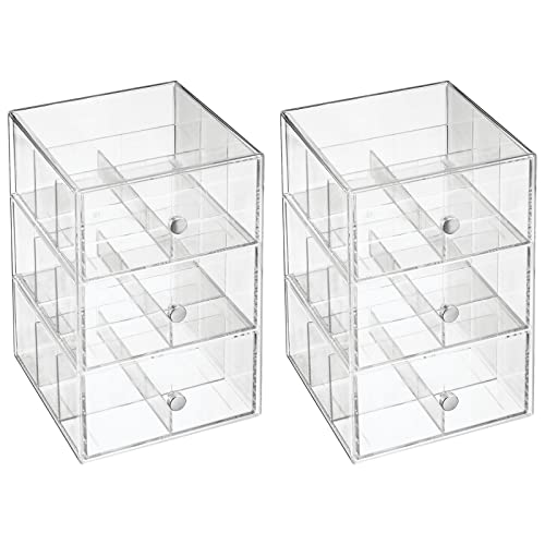 mDesign Plastic Wide Kitchen Pantry, Cabinet, Countertop Organizer Storage Station with 3 Drawers for Coffee, Tea, Sugar Packets, Sweeteners, Creamers, Drink Pods, Packets; 18 Sections, 2 Pack - Clear
