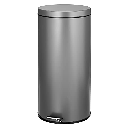 mDesign Tall 30 Liter / 7 Gallon Large Round Metal Lidded Step Trash Can, Thin Compact Garbage Bin with Removable Liner Bucket for Bathroom, Kitchen, Craft Room, Office, Garage - Graphite Gray