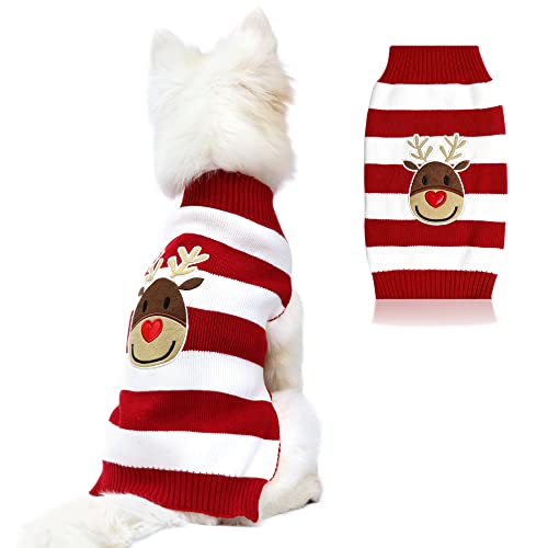 Hotumn Christmas Dog Sweaters Elks Pattern Dog Coat Xmas Classic Striped Style Dog Clothes Knitwear for Small Dogs Cats - Red (Large)