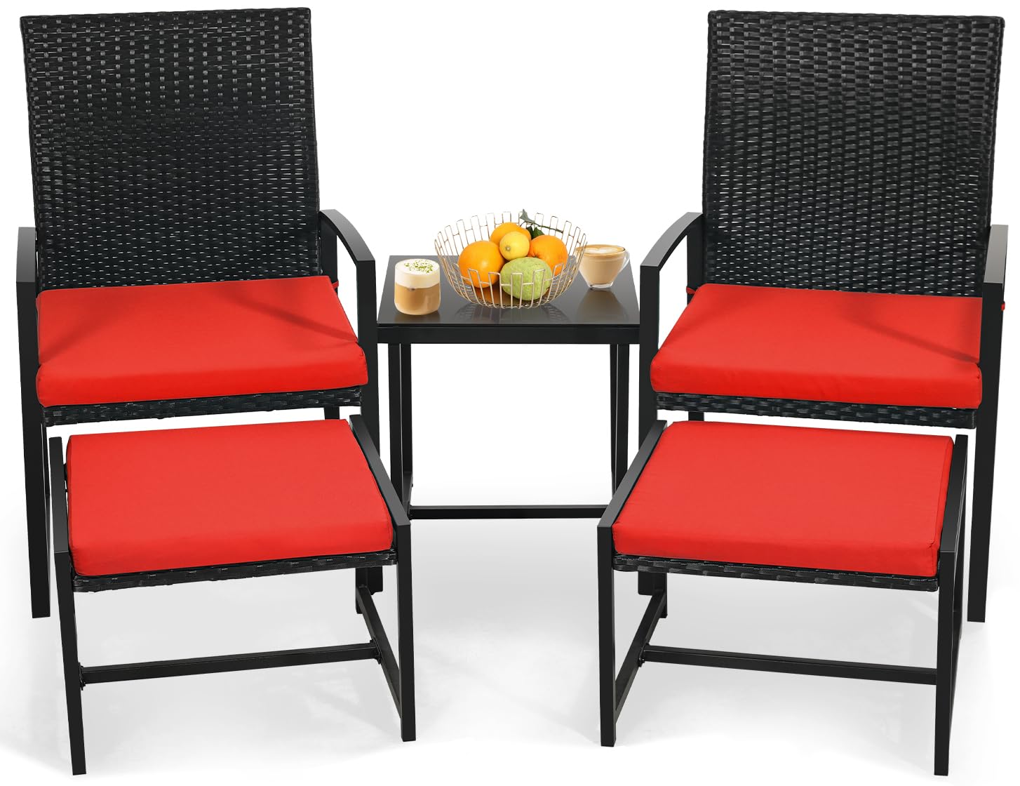 Murago 5 Pieces Wicker Patio Conversation Sets, Rattan Furniture Set with Coffee Table and 2 Ottomans, Ideal for Porch, Garden, Yard, Poolside, Black Rattan with Red Cushion