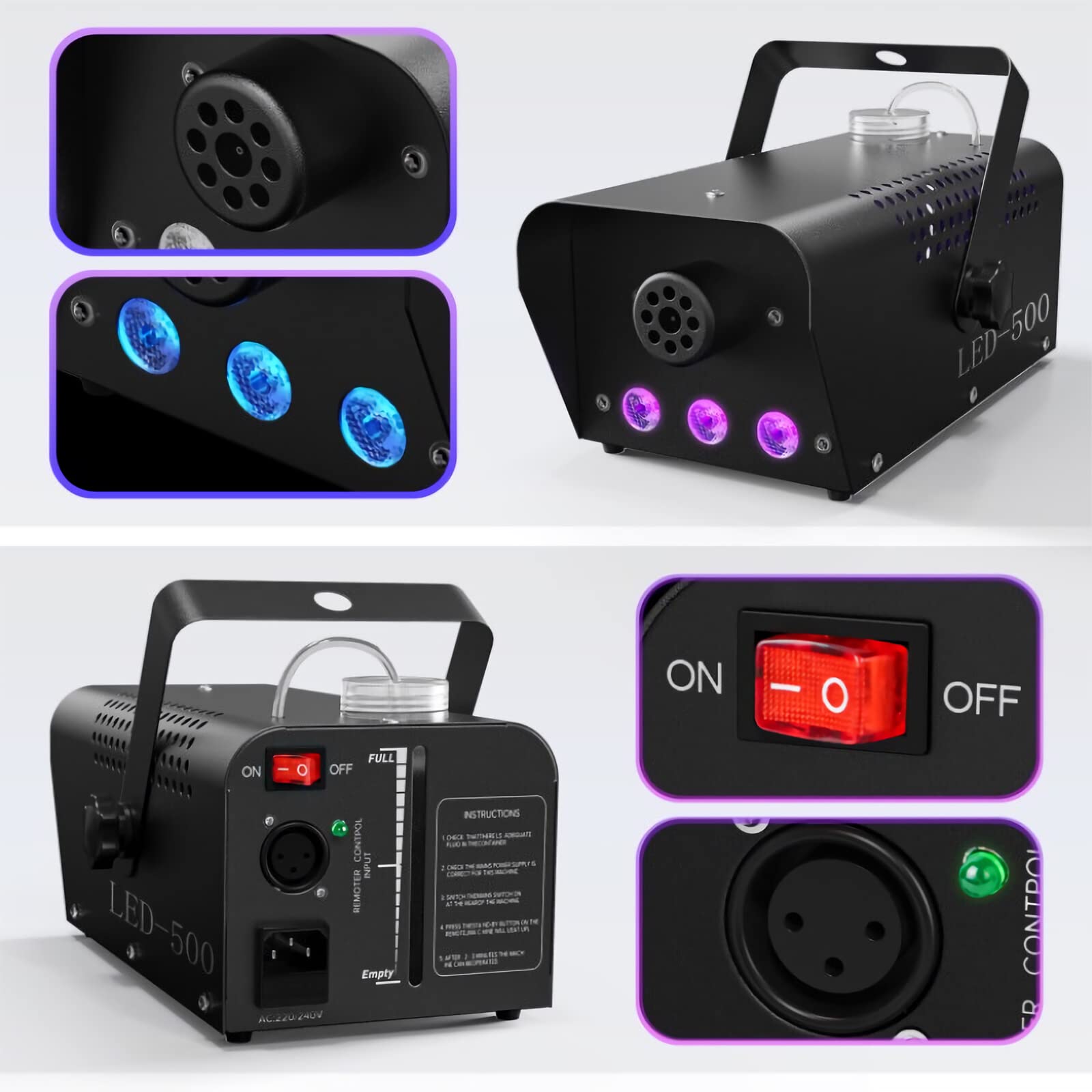 Fog Machine 500W Smoke Machine LED Light with Wireless and Wired Remote Control for Christmas Party Wedding Stage