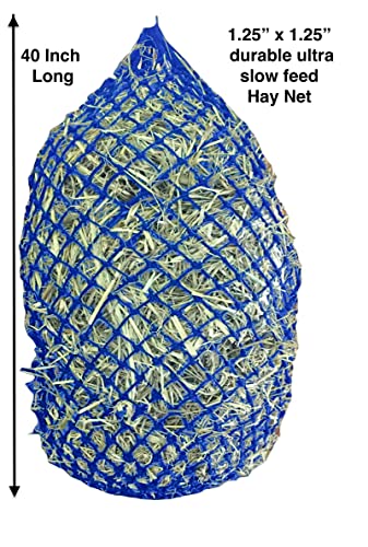 Majestic Ally 1.25βx1.25β Holes Ultra Slow Feed 40β Very Sturdy Hay Net with Bottom Ring for Horses, Nylon Rope Hanging, Adjustable Travel Feeder for Trailer and Stall, Reduces Waste (Purple)