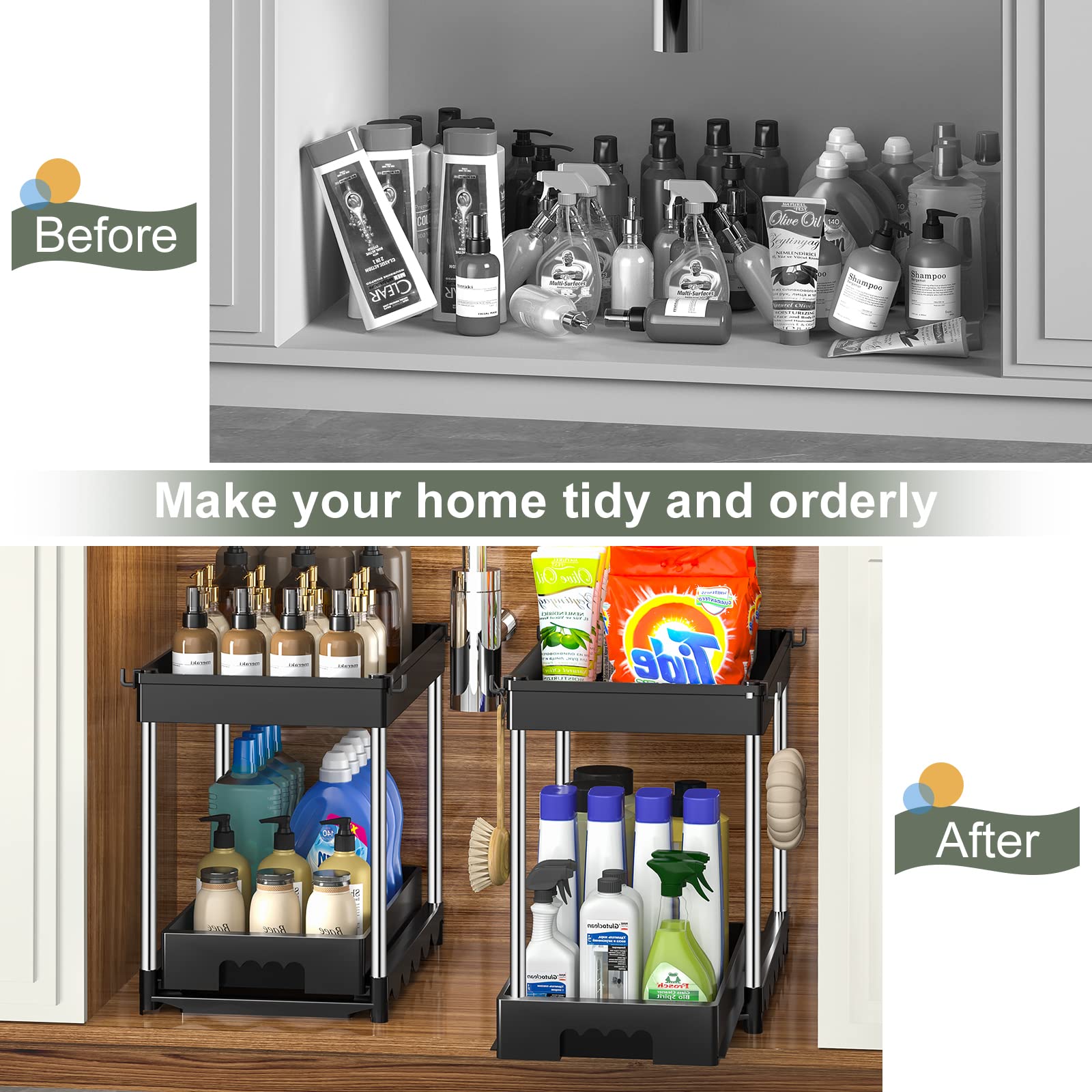 DUSASA Under Sink Organizer and Storage with Sliding Drawer, 2 Tier Black Plastic Cabinet Basket Organizer with Hooks, Under Cabinet Storage for Bathroom Kitchen