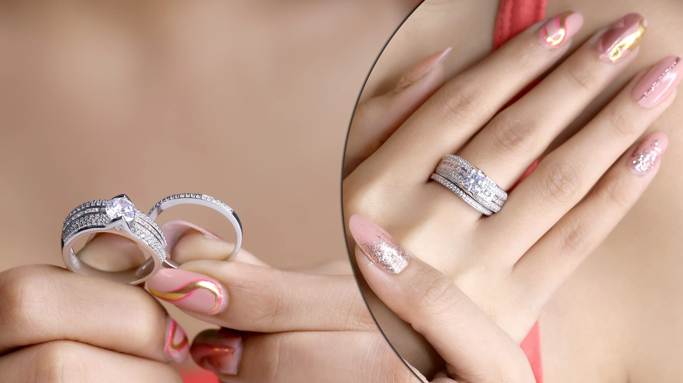 Dazzlingrock Collection 6.5mm Round Cubic Zirconia 3 Row Wedding Ring Set for Her (3.20 ctw, Color White, Clarity Clean) in 925 Sterling Silver Size 6.5