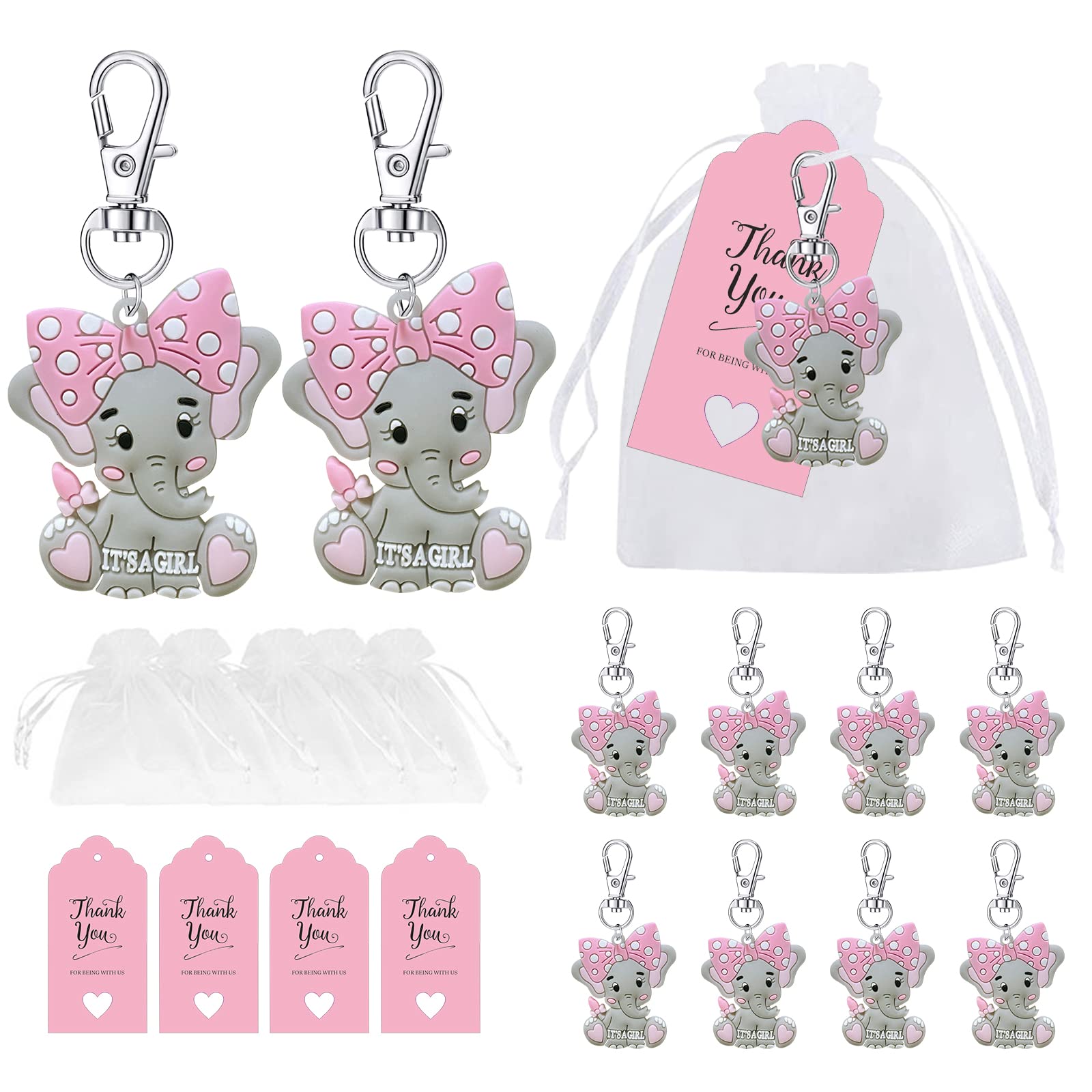 RekTak Baby Shower Favors, It's A Girl Elephant Keychains + Organza Bags + Thank You Tags, Guests Gifts Baby Shower Decorations For Girls Baptism Favors Elephant Baby Shower Party Favors (Pack of 20)