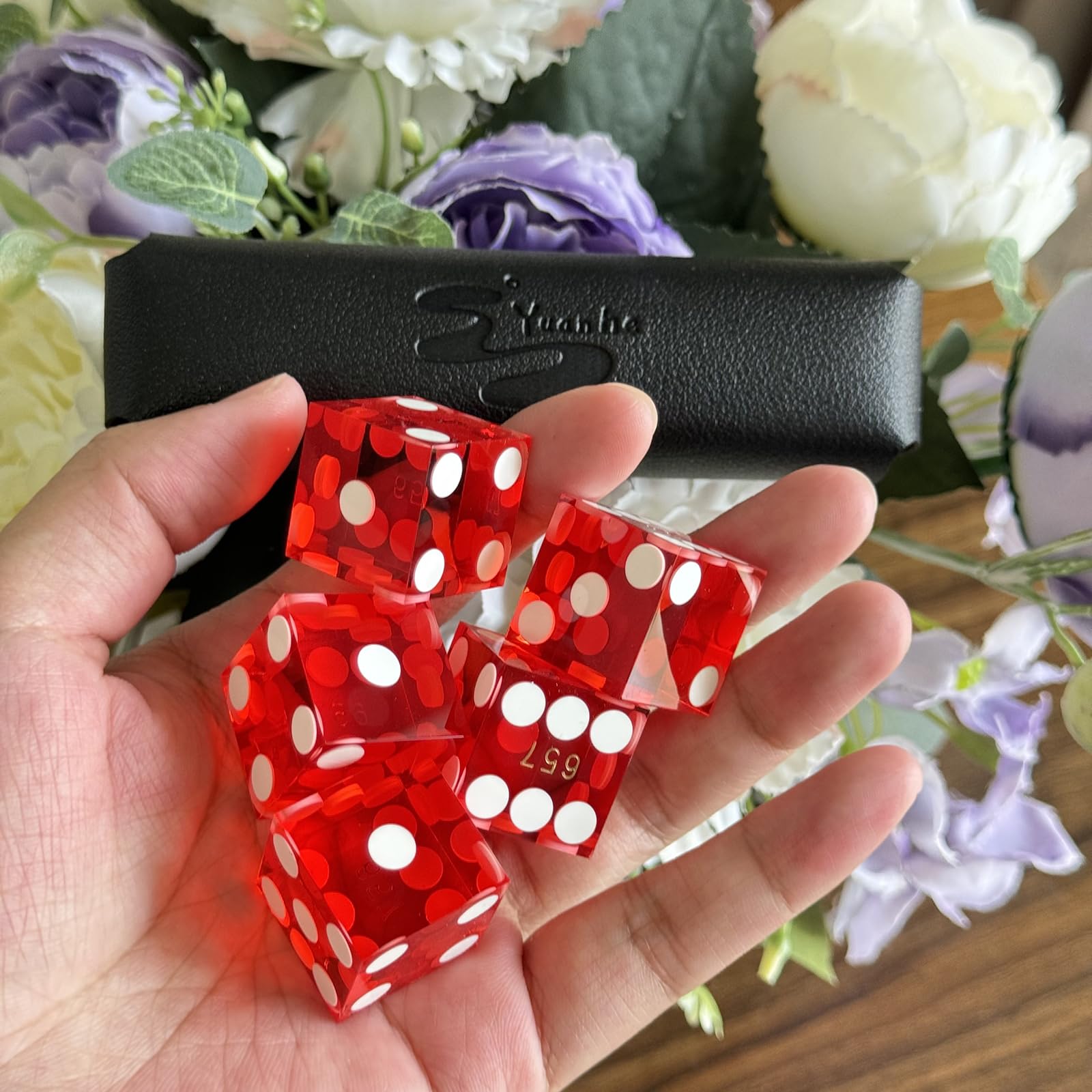 Yuanhe 19mm Professional Casino Dice - Razor Edge, Matching Serialized Set, 5 Red Dices with Leather Case