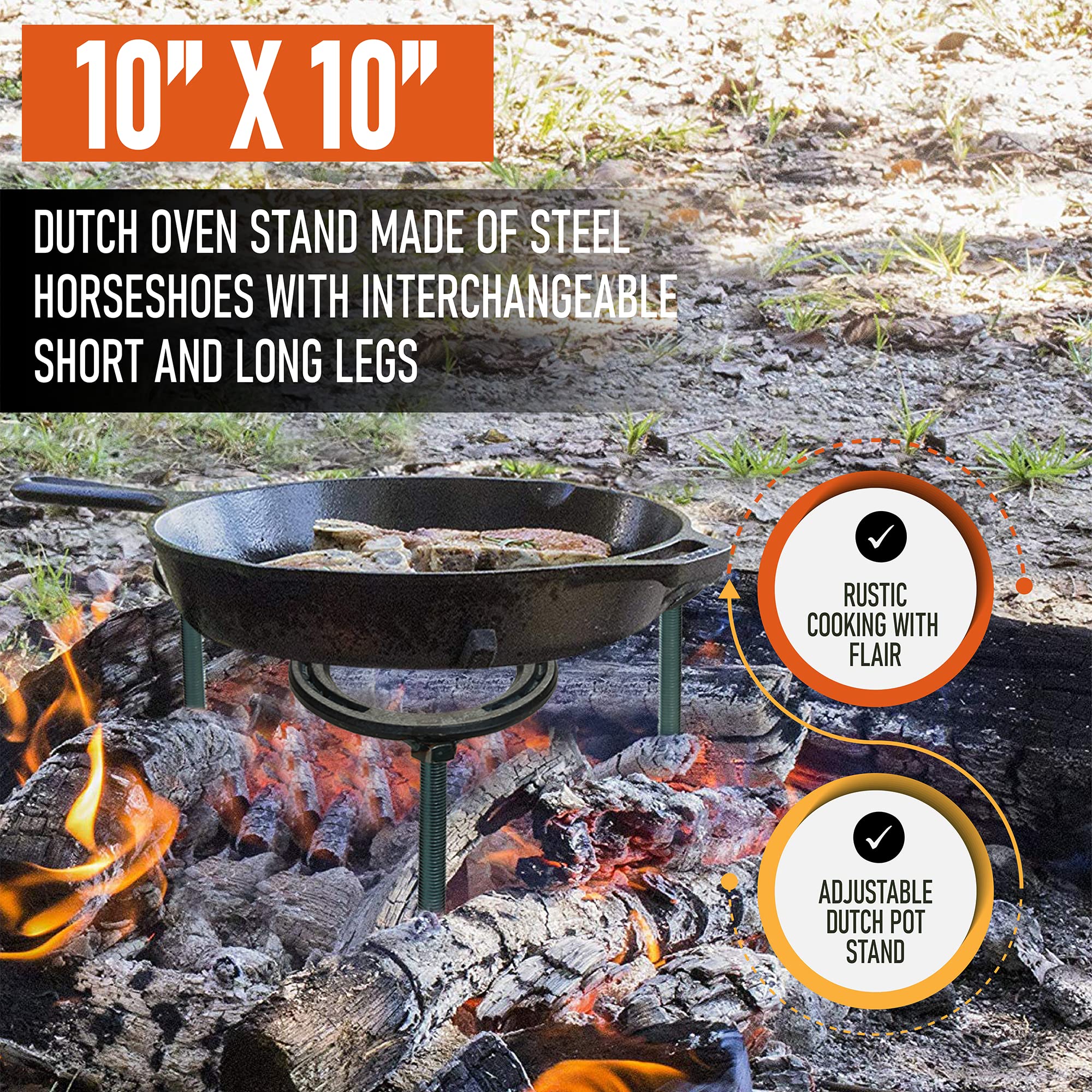 Dutch Oven Camping Tripod for Cooking – Dutch Oven Stand Made of Steel Horseshoes with Interchangeable Short and Long Legs – 10” x 10” Cowboy Camping Cooking Tripod Stand for Camp Coffee Pots