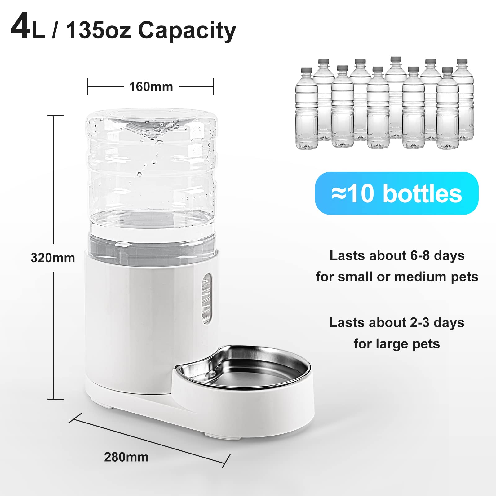 CZPET Dog Water Bowl Dispenser, 4L Stainless Steel Bowl, Automatic Gravity Cat Water Dispenser, Cat Water Bowl, Safe and Unplugged for Pet, White