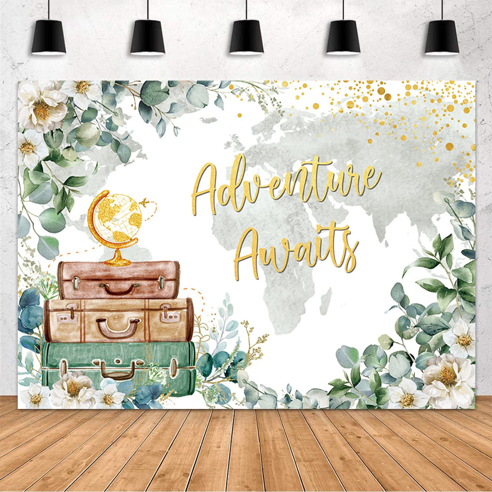MEHOFOND 7x5ft Adventure Awaits Baby Shower Party Decorations Backdrop Eucalyptus White Floral Suitcases Travel Around The World Map Bridal Wedding Shower Photography Background Photo Banner