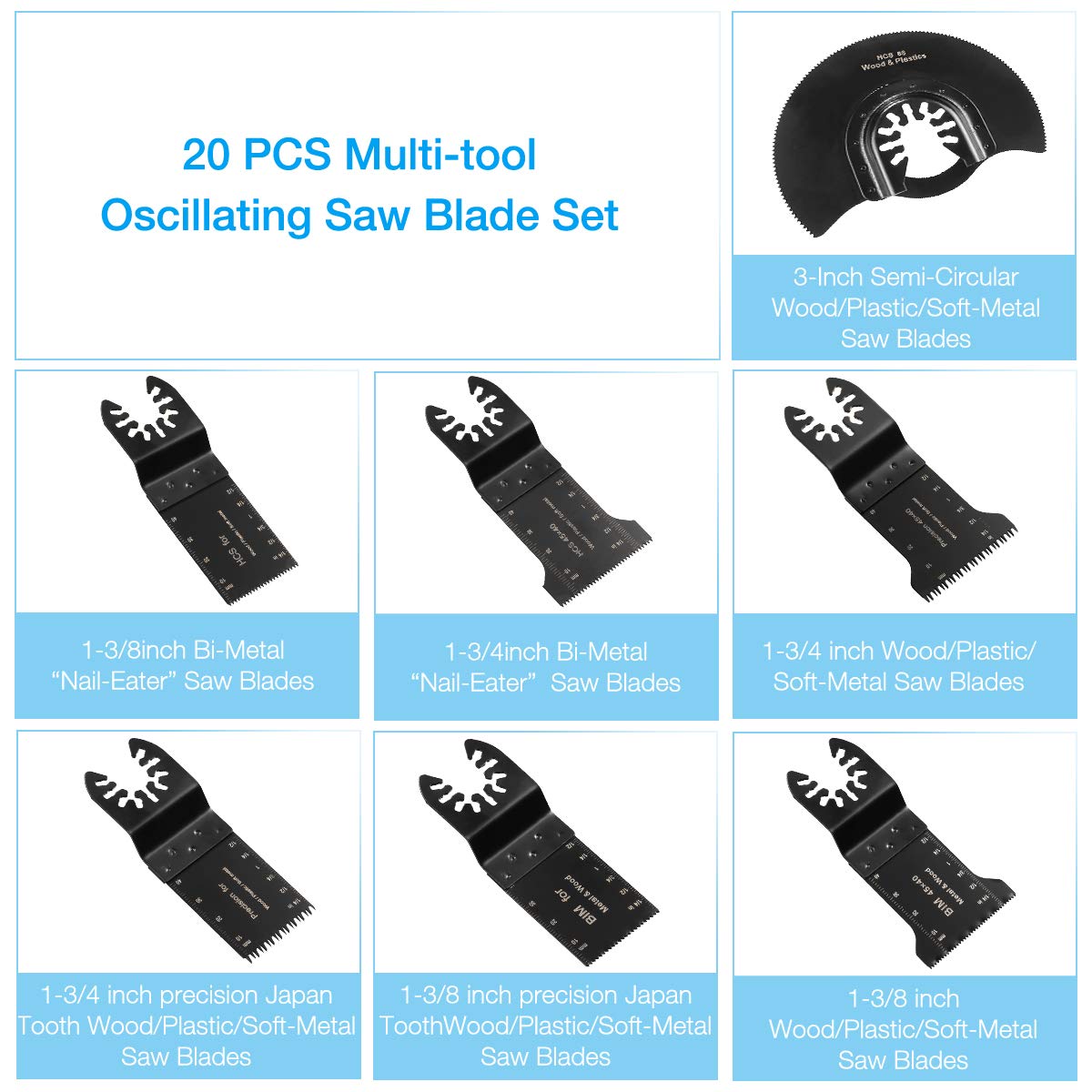 FOHEEL 20 Pcs Wood Oscillating Tool Saw Blades Multitool Compatible with Porter Cable Black & Decker, Bosch, Dremel, Craftsman, Ridgid, Ryobi, Makita, Milwaukee, Dewalt, Rockwell, Chicago