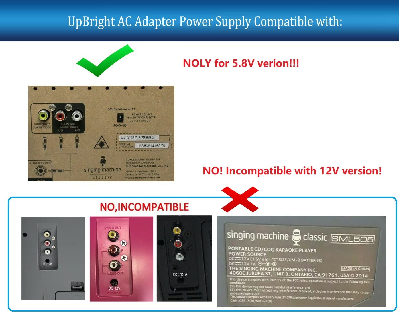 UpBright DC 5.8V 2A AC Adapter Compatible with Singing Machine SML-385 SML385 SML385W SML385BTW SML385BTBK SML385UBK IN-385W SML625BTBK CD +G CDG Player BT Karaoke GKYPS0200058US1 Power Supply Charger