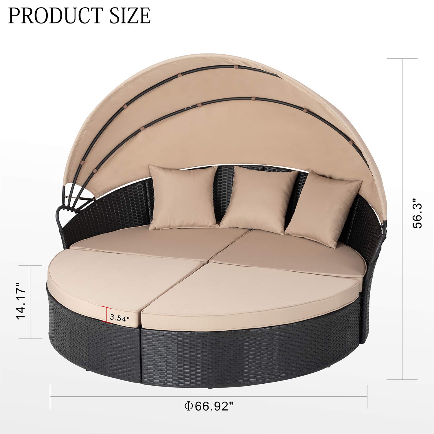 Walsunny Patio Furniture Outdoor Lawn Backyard Poolside Garden Round Daybed with Retractable Canopy Wicker Rattan, Seating Separates Cushioned Seats