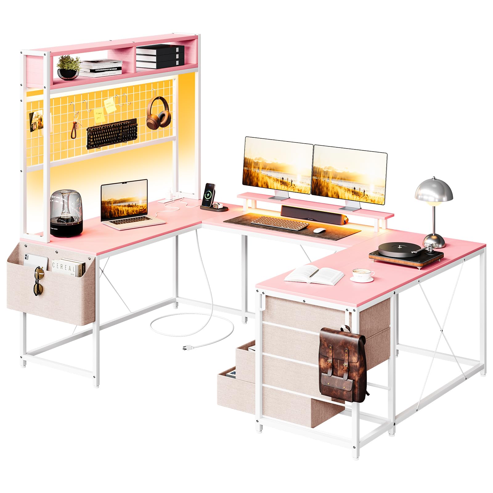 Harmobitat U Shaped Computer Desk with Monitor Stand and LED Lights, Computer Gaming Desk with Storage Shelves, Large U- Shape Desk with Power Outlets, Corner Office Desk with 4 Drawers, Pink
