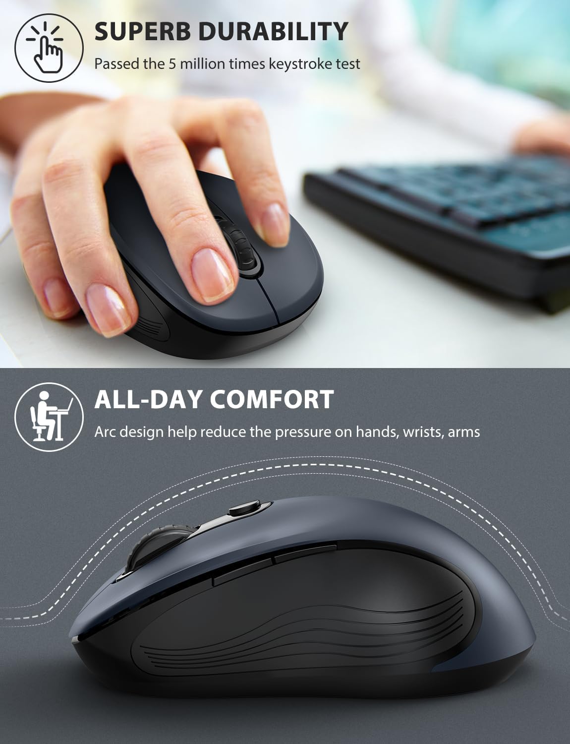 Trueque Wireless Mouse for Laptop, 2.4GHz Ergonomic Computer Mouse with Back & Forward Buttons, 3 Levels Tracking Speed, 6 Buttons, Optical USB Cordless Mice for Windows Chromebook MacBook PC (Gray)