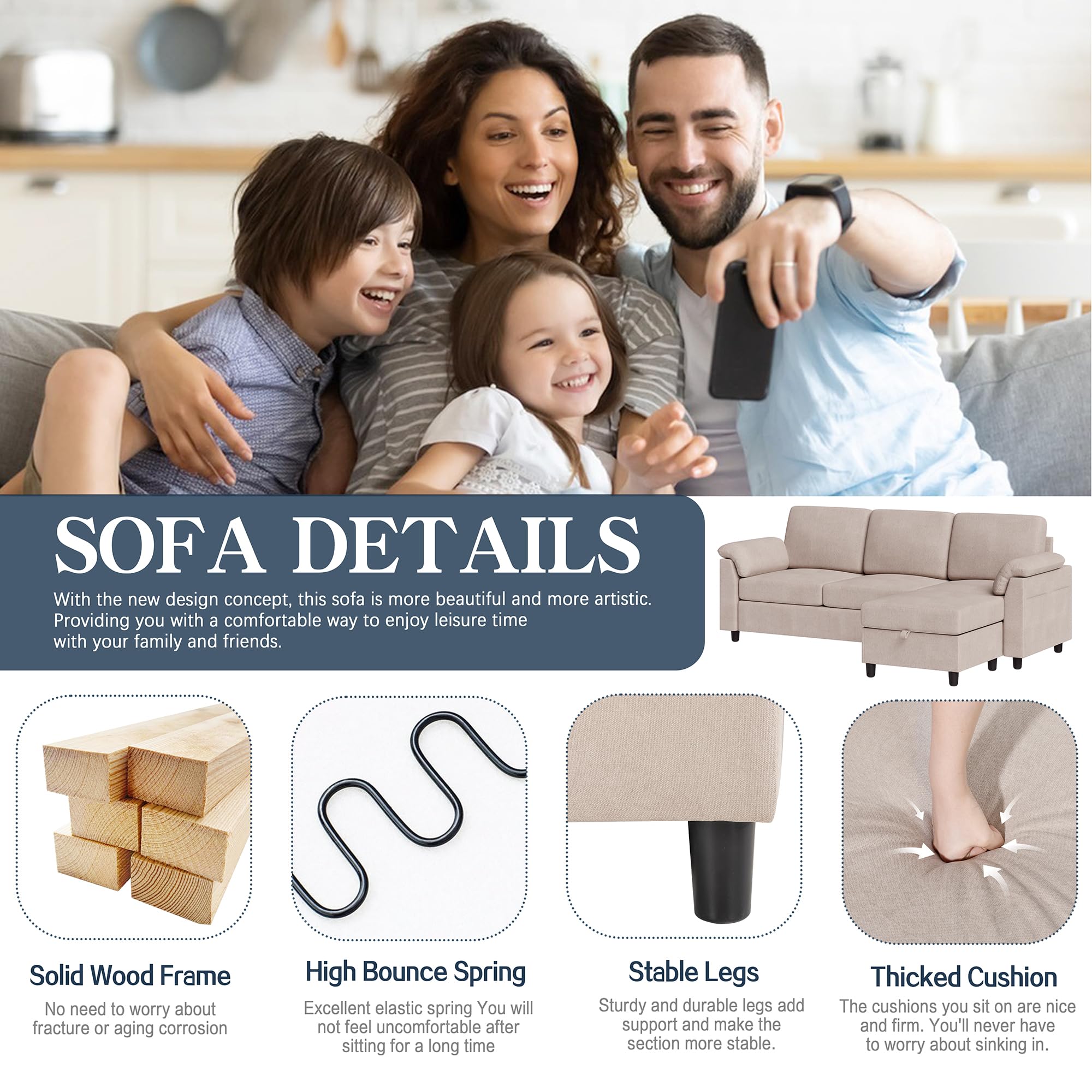 Meilocar 79" Modern Sectional Sofa Couch, Convertible L Shaped Couch with Reversible Ottoman, 3-Seat Sofa Sectional with Removable Armrest for Living Room, Apartment, Small Space, Beige