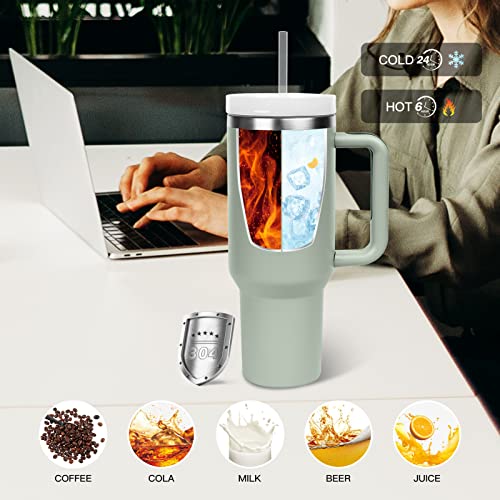 Serborni 40 oz Tumbler With Handle and 3 Straws Lid, Insulated Tumblers Stainless Steel Travel Coffee Mugs For Hot and Cold(Bay Leaf)