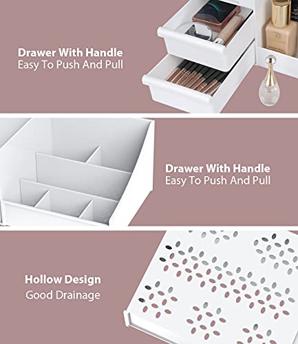 Makeup Desk Cosmetic Storage Box Organizer with Drawers for Dressing Table, Vanity Countertop, Bathroom Counter, Elegant Vanity Holder for Brushes, Eyeshadow, Lotions, Lipstick and Nail Polish (White)