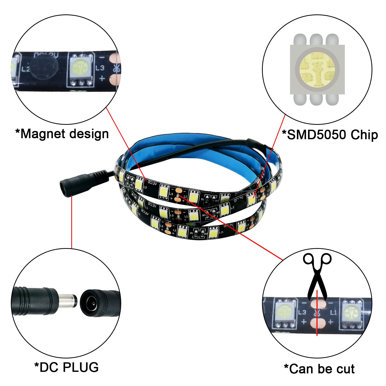 DS PC LED Strip via Magnetic for Computer Case Mid Tower Full Tower (White Lighting, SATA Connector, 39 inch Length, S Series)