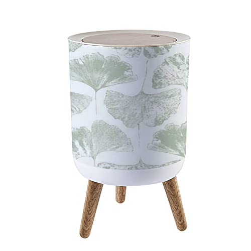 Small Trash Can with Lid Sage green ginkgo biloba leaves pale botanical seamless Floral Natural Waste Bin with Wood Legs Press Cover Wastebasket Round Garbage Bin for Kitchen Bathroom Bedroom Office